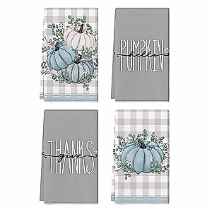 Artoid Mode Blue Eucalyptus Leaves Hello Pumpkin Fall Kitchen Towels Dish Towels, 18x26 Inch Seasonal Give Thanks Decoration Hand Towels Set of 4