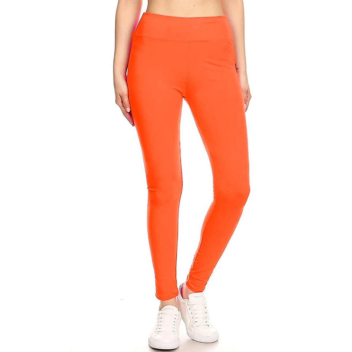 Leggings Depot Women's 3" Waistband Yoga High Waisted Solid Leggings Pants (Full Length, Orange, One Size)