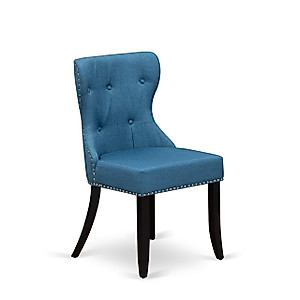 East West Furniture SHSI5-BLK-21 5 Piece Dining Table Set for 4 Includes a Round Kitchen Table with Pedestal and 4 Blue Linen Fabric Parsons Dining Chairs, 42x42 Inch, Black