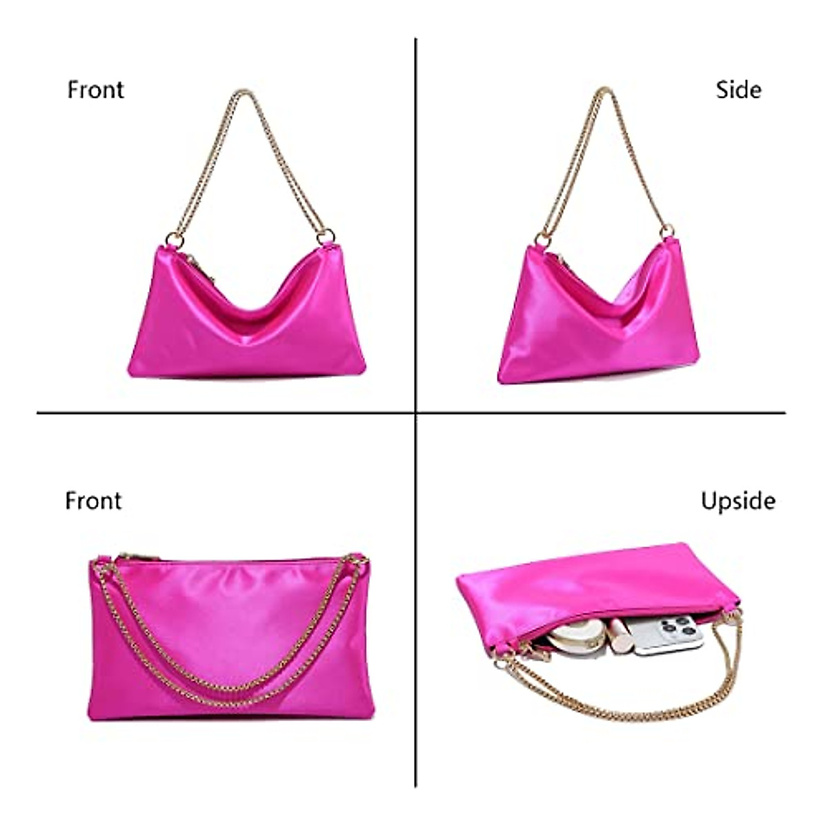 PHUMEE Satin Chain Strap Glossy Mini Clutch Square Purse for Women Hobo Bag Solid Shoulder Handbags