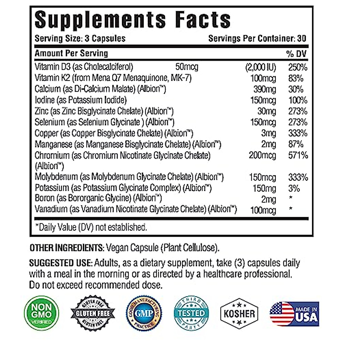 KAPPA NUTRITION (90 Capsules),Vitamin K2, Vitamin D3, Zinc, Selenium, Vanadium, Copper, Manganese, Potassium, Molybdenum, Calcium, Chromium, Iodine, Boron, Mineral 13 in 1 Advanced Complex, from