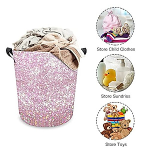Pink Shiny Glitter printing Laundry Baskets Collapsible Waterproof Laundry Hamper with Handles Round Toy Storage for Dirty Clothes,Kids Toys,Bedroom,Bathroom