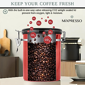 Mixpresso 16 Oz Coffee Canister Red, Stainless Steel Airtight Coffee Container, Ground Coffee Bean Storage with Date Tracker, Vacuum Sealed Espresso Airtight Container, Coffee Jar, Sugar Container