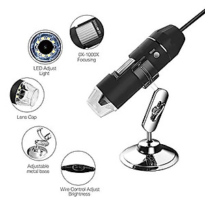 USB Microscope,1000x Magnification Endoscope, 8 LED USB 2.0 Digital Microscope, Mini Camera with OTG Adapter and Metal Stand, Compatible with Mac Window 7 8 10 Android Linux (Black)