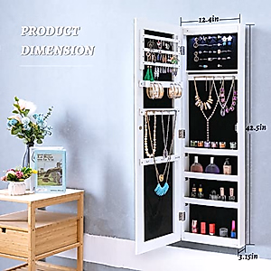 KEDLAN Mirror Jewelry Organizer, Wall/Door Mounted Jewelry Armoire with Full-Length Mirror,Hanging Jewelry Cabinet with LED Interior Lights, White
