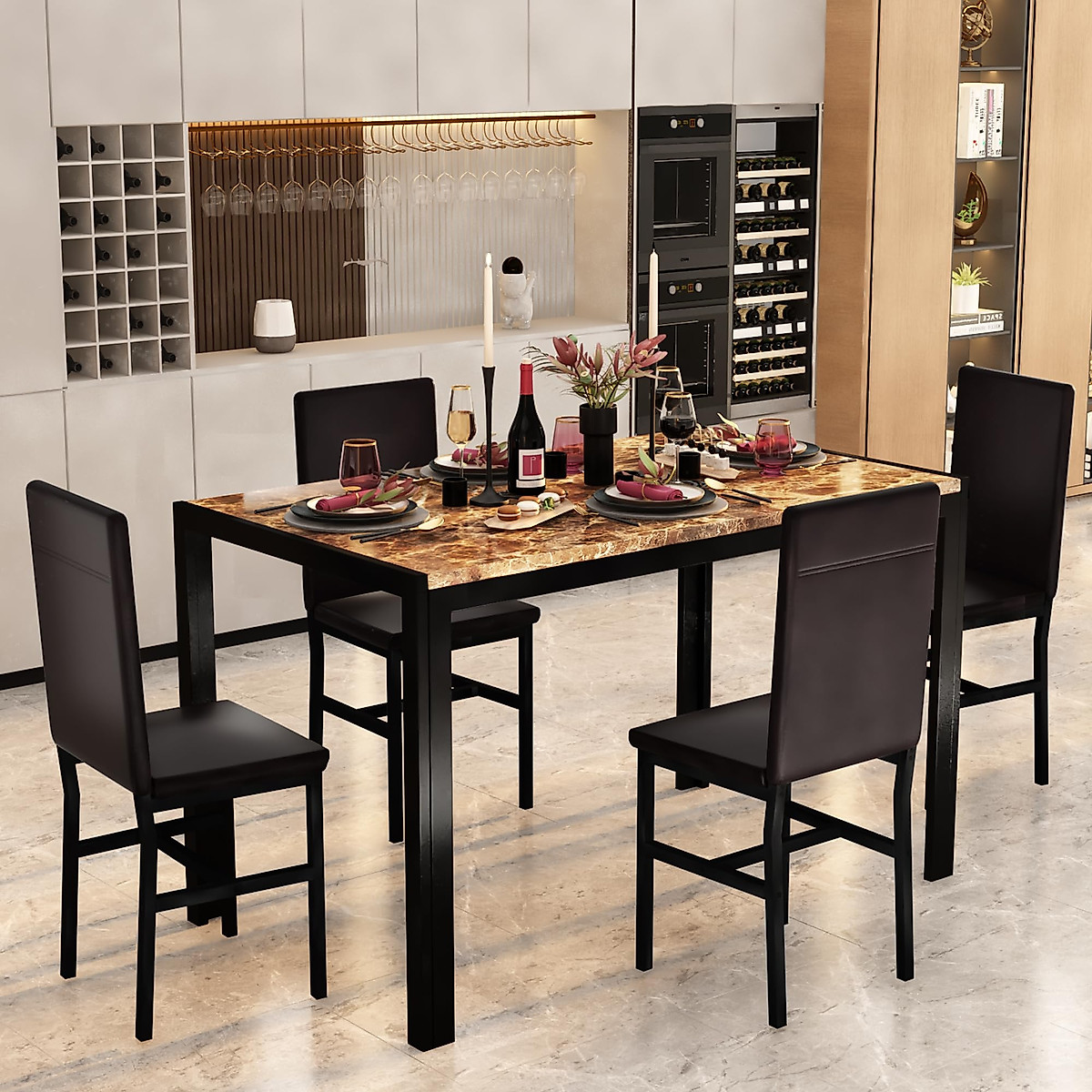 DKLGG Dining Table Set for 4, Modern Kitchen Table and Chairs Set with 4 PU Leather Chairs, Space-Saving Dinette Dining Room Table Set for Small Space Home Kitchen, Restaurant, Brown+Dark Brown