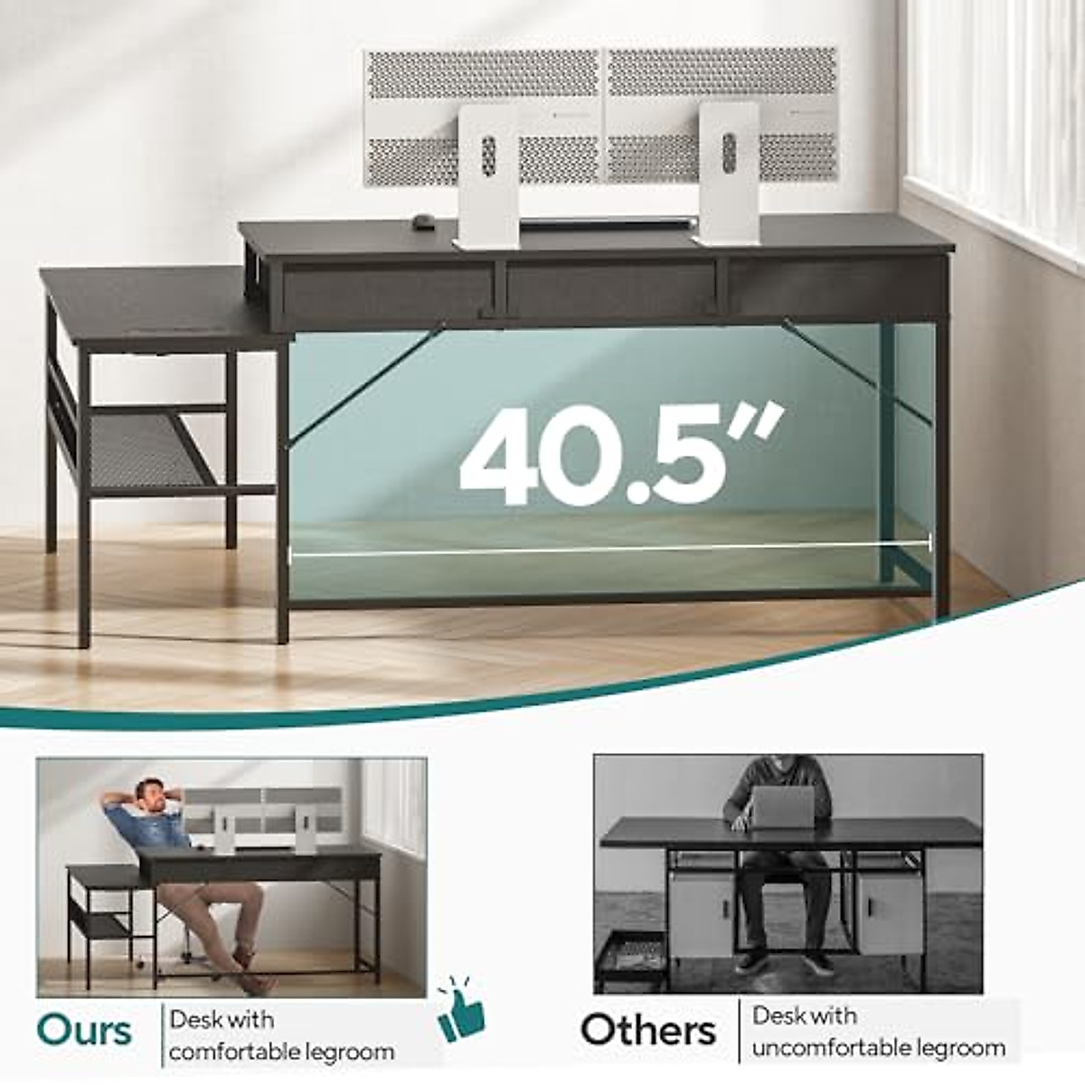 sun yet 55" L Shaped Gaming Desk with Power Outlet, Reversible Computer Desk with Drawers, 40.5" Large Legroom Corner Gaming Desk, Unique Grid Design, Home Office Desks L-Shaped Gaming Table, Black