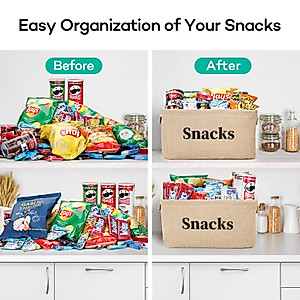 FLINKYE 2 Pack Snack Storage Organizer Basket Bins for Pantry Shelf and Countertop, Large Burlap Snacks Basket Container for Kitchen Office Popcorn Candy Pretzels and more