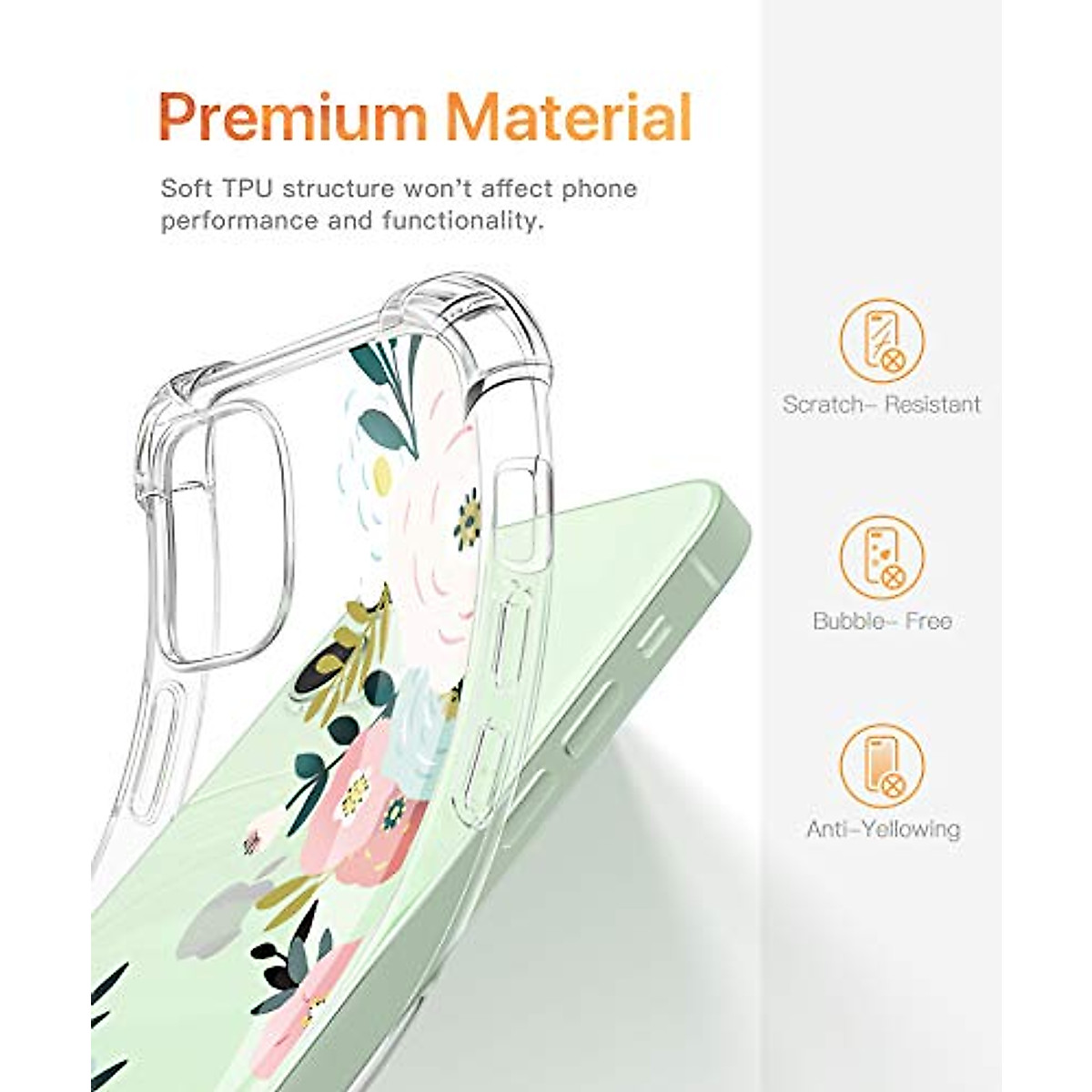 GVIEWIN for iPhone 12 Case and iPhone 12 Pro Case with Screen Protector + Camera Lens Protector, Clear Floral Flexible TPU Shockproof Women Girls Flower Pattern Phone Case 6.1"(Abundant Blossom/White)