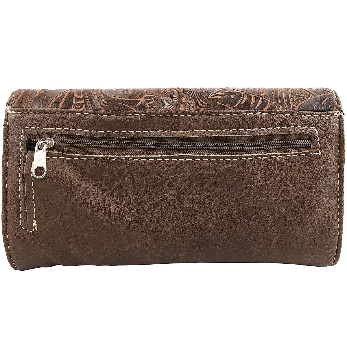 Justin West Tooled Leather Laser Cut Turquoise Rhinestone Cross Concho Studded Messenger Handbag with CrossBody Strap (Brown Wallet)