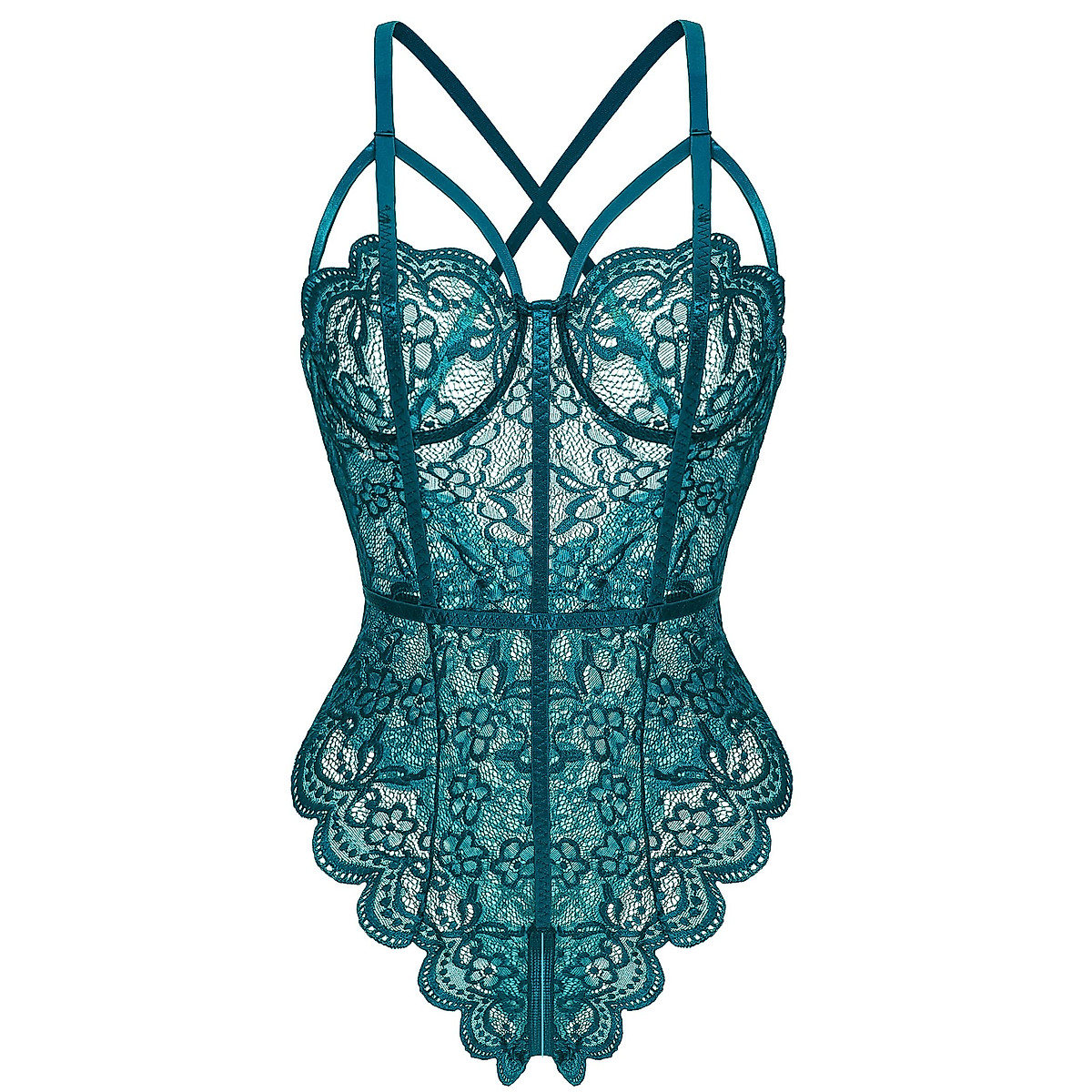 klier Lingerie for Women One Piece Teddy Floral Lace Bodysuit Babydoll Chemise Sleepwear Dark Green