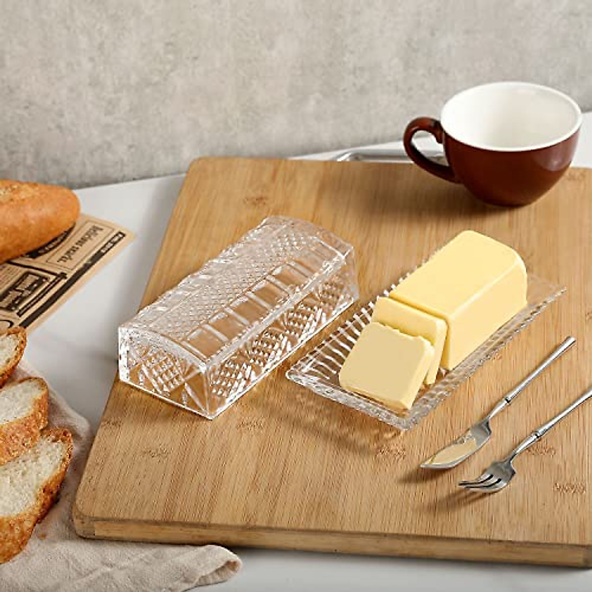 MyGift Clear Covered Butter Dish Glass Butter Keeper with Vintage Embossed Diamond Pattern Design