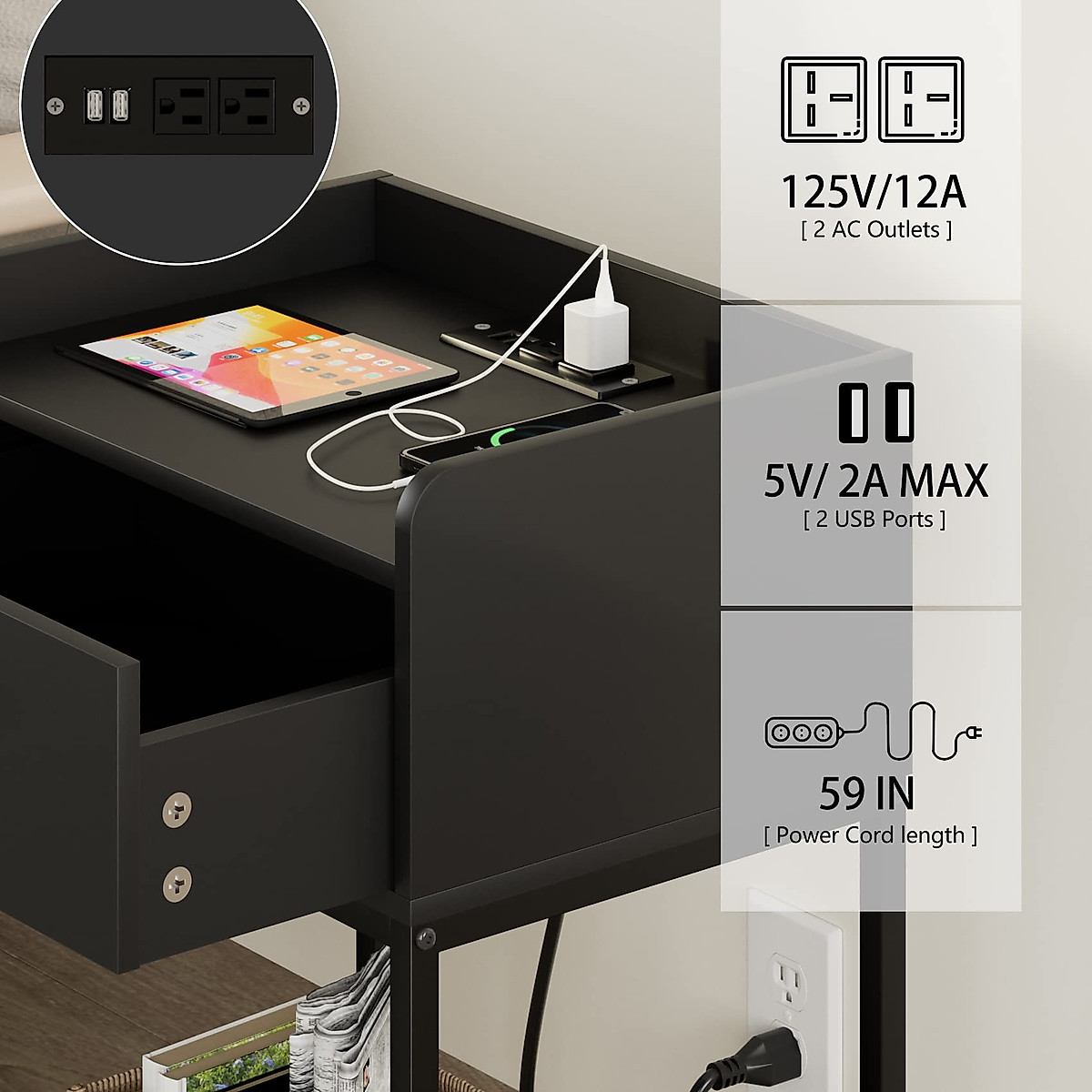 Masupu Nightstand with Charging Station,3-Tier Modern Bedside Night Stand with Storage Drawer and Shelf,Small End Side Table for Bedroom,Living Room,Black