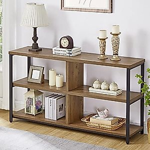 FOLUBAN Console Tables for Entryway, Rustic Wood and Metal Sofa Table, Hallway Tables with Storage Shelves for Living Room, Oak 55 inch