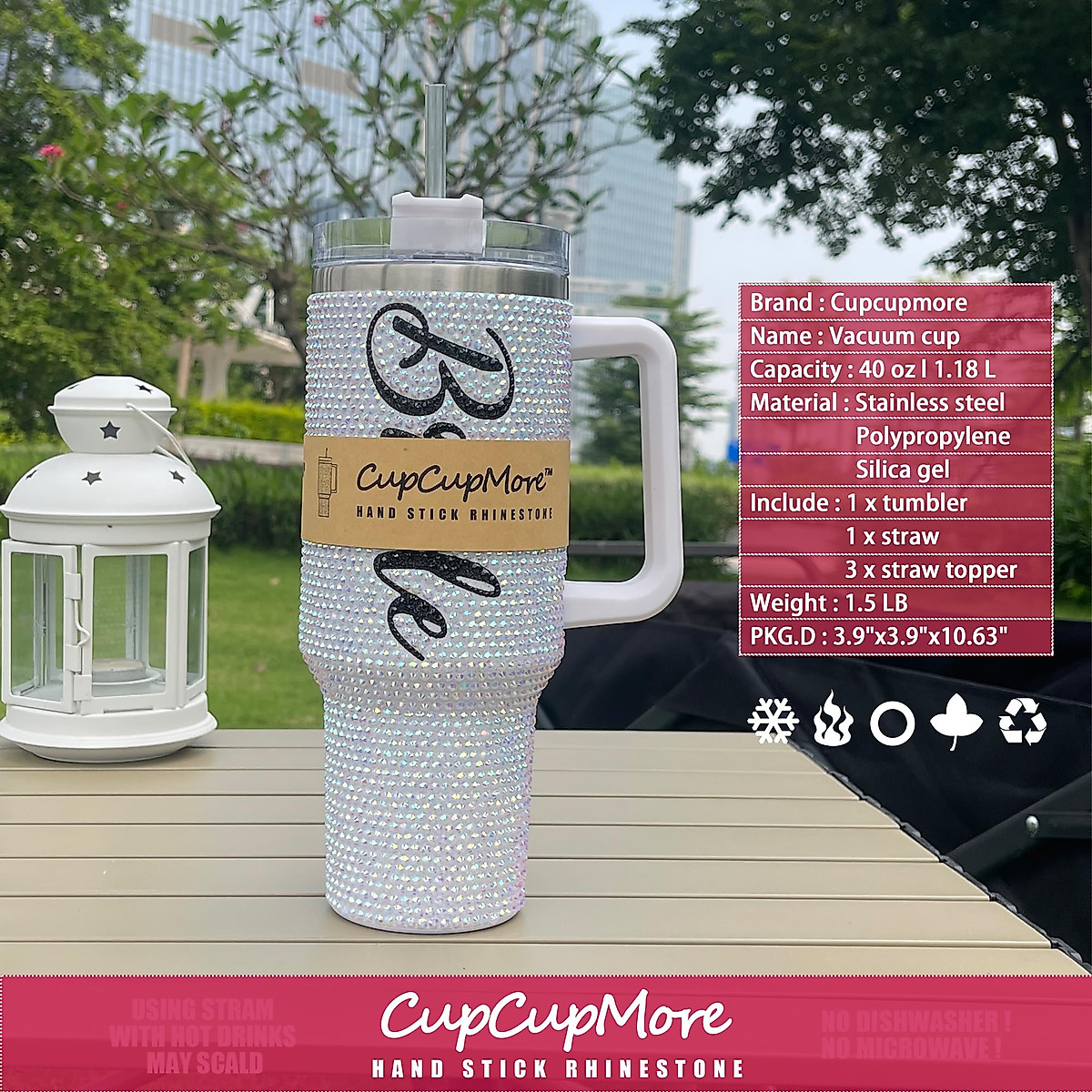 Cupcupmore 40oz Print Bling Rhinestone Stainless Steel Sippy Tumbler Glitter Vacuum Insulated Water Bottle with Straw & Lid &Handle,Thermos for Hot & Cold Drinks,Car Cup Holder (Bride White, 40 oz)