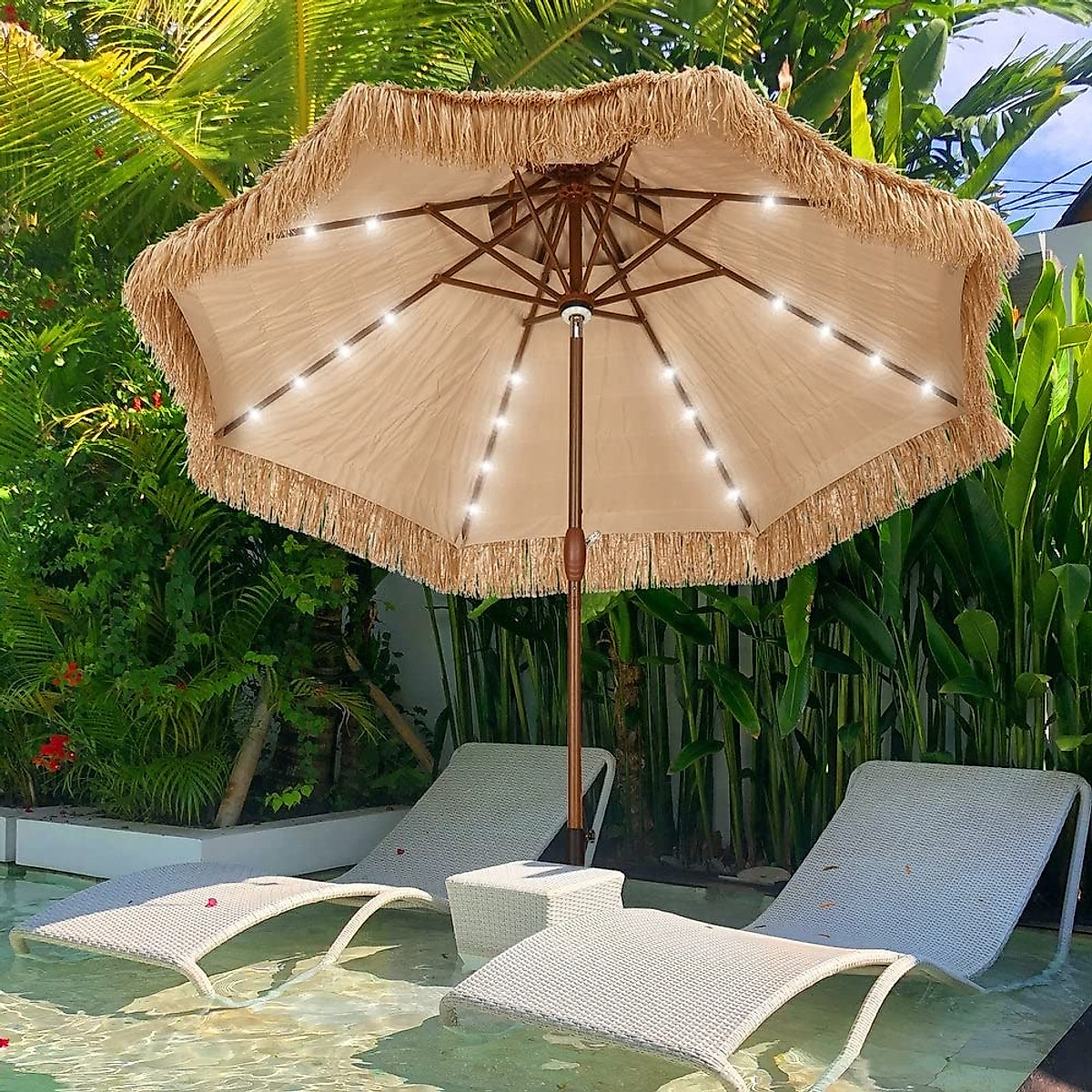 HYD-Parts 10FT Double Top Thatched Patio Umbrella Outdoor Hawaiian Style Beach Tiki Umbrella with Solar LED light & Crank for Patio, Pool, and Beach