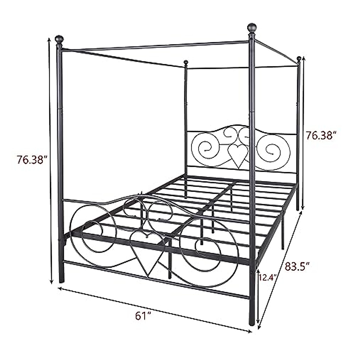 TMEOSK Queen Size Metal Canopy Platform Bed Frame with European Headboard & Footboard, Sturdy Steel Under-Bed Storage Space, No Box Spring Needed for Boys Girls Teens Adults, Four-Poster Canopied Bed