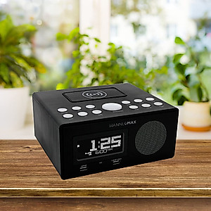 HANNLOMAX HX-202Qi Alarm Clock Radio, Wireless Charging, Bluetooth, 10W Output Power, Dual USB Ports for Charging and MP3 Playback, Temperature, Nightlight, Time Zone, Aux-in. (Black)