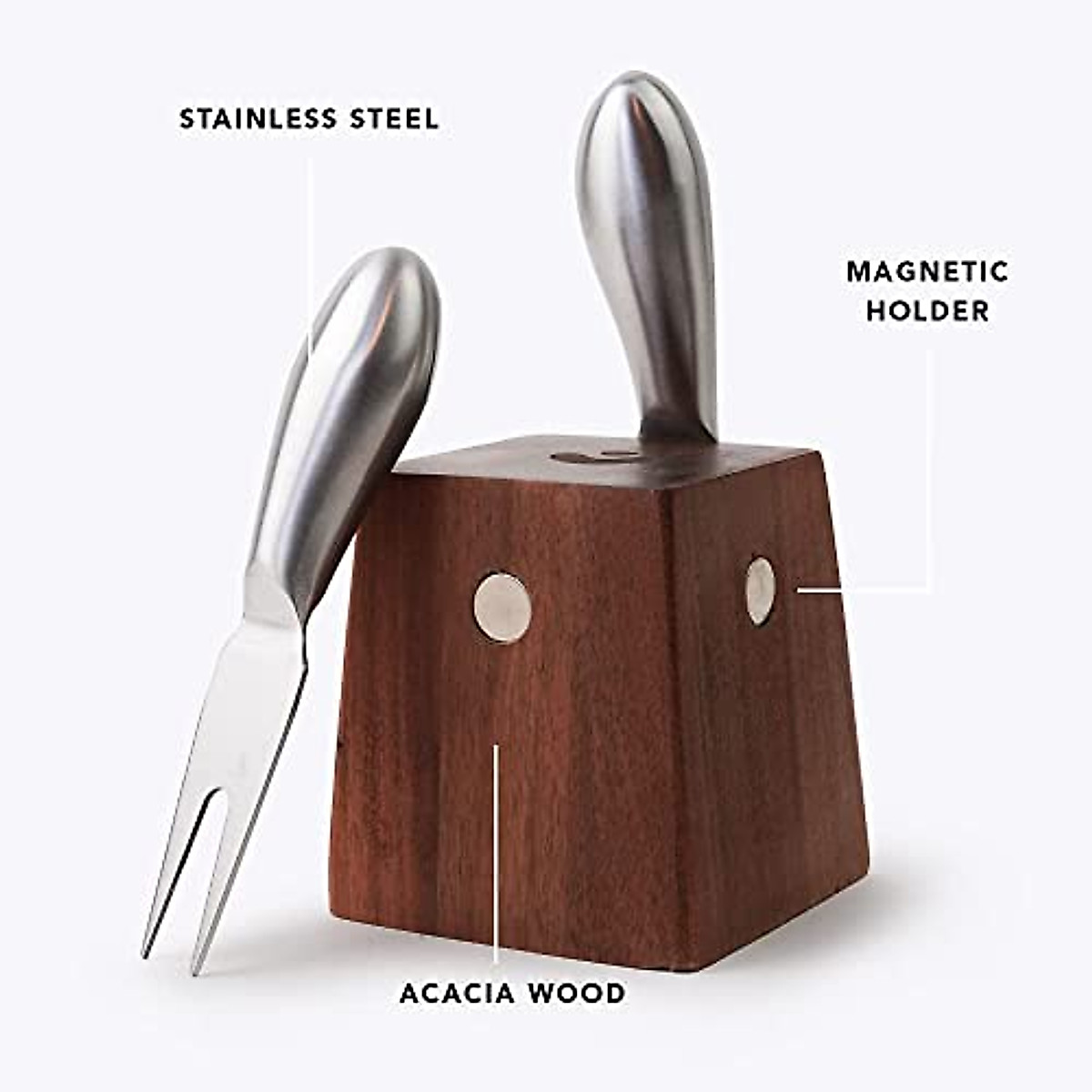 Slice of Goodness Original Cheese Knife Set - 4 Small Stainless Steel Charcuterie Board Utensils with Magnetic Acacia Wood Holder - Modern Cheese Knives