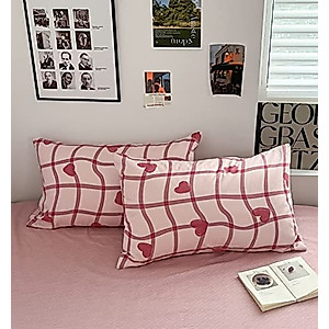 LIWHENHAO Hearts Duvet Cover Set Queen 100% Cotton Bedding Red Heart on Pink Check Plaid 1 Romantic Geometric Comforter Cover Full Zipper Closure 2 Pillowcases for Kids Girls Boys Woman