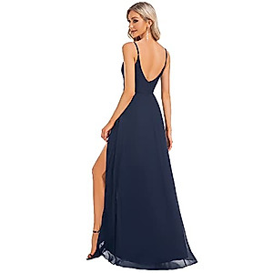 Ever-Pretty Women's A Line Spaghetti Straps Side Slit Double V-Neck Ruched Chiffon Long Formal Dress Navy Blue US8