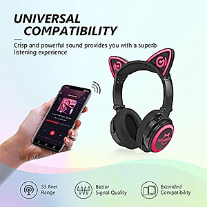 Mindkoo Wireless Headphones Bluetooth, Cat Ear Over Ear Headphones, LED Light Up 7 Color Blinking, Safe Foldable Headset Stero, with Microphone, for Kids Adults