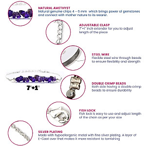 Gempires Natural Purple Amethyst Crystal Bracelet February Birthstone Gifts Hypoallergenic 8 Inch Silver Plated Lightweight Bracelets For Women