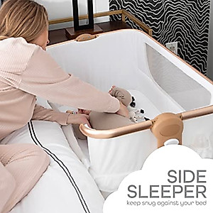 Baby Bassinet, Bedside Sleeper for Baby, Easy Folding Portable Crib with Storage Basket for Newborn, Bedside Bassinet, Comfy Mattress/Travel Bag Included (White and Gold)