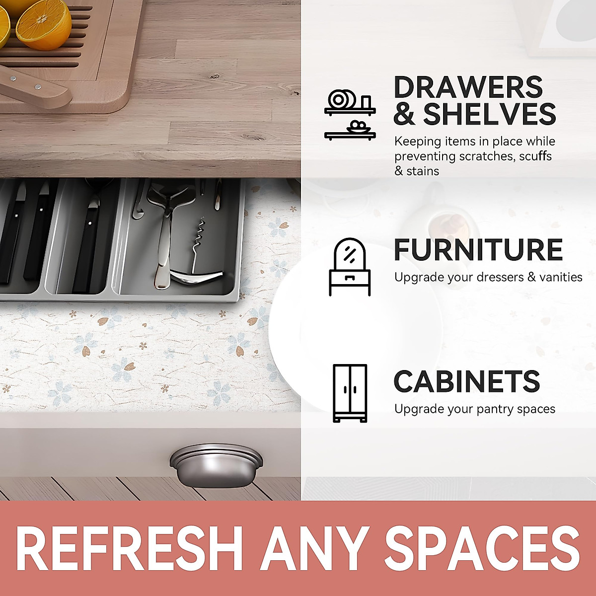 Ray Star Cabinet Liner, 18Inch X 8Feet Waterproof Shelf Liners for Kitchen Cabinets Non-Adhesive Unique Floral Non Slip Grip Liner Easy Clean Pantry Refrigerator Cupboard Drawer