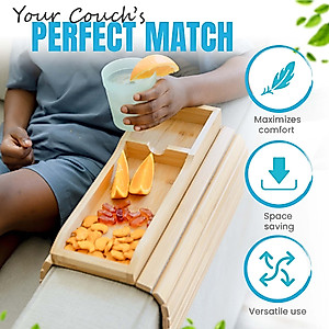 Couch Cup Holder Tray Couch Caddy Anti-Slip Bamboo Sofa Arm Tray *2-Pack* Organizer for Remote Control, Drinks, Snacks, Phone,- Foldable and Easy to Clean, Movie Must-Haves, Armchair Accessories