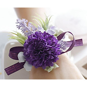 Ciandid Purple Hydrangea Wrist Corsage and Boutonniere set for Wedding Set of 6, 3PCS Groom Groomsman Boutonnieres & 3PCS Bride Bridesmaid Wrist Corsages Wristlet Band Bracelet Flower for Wedding Prom