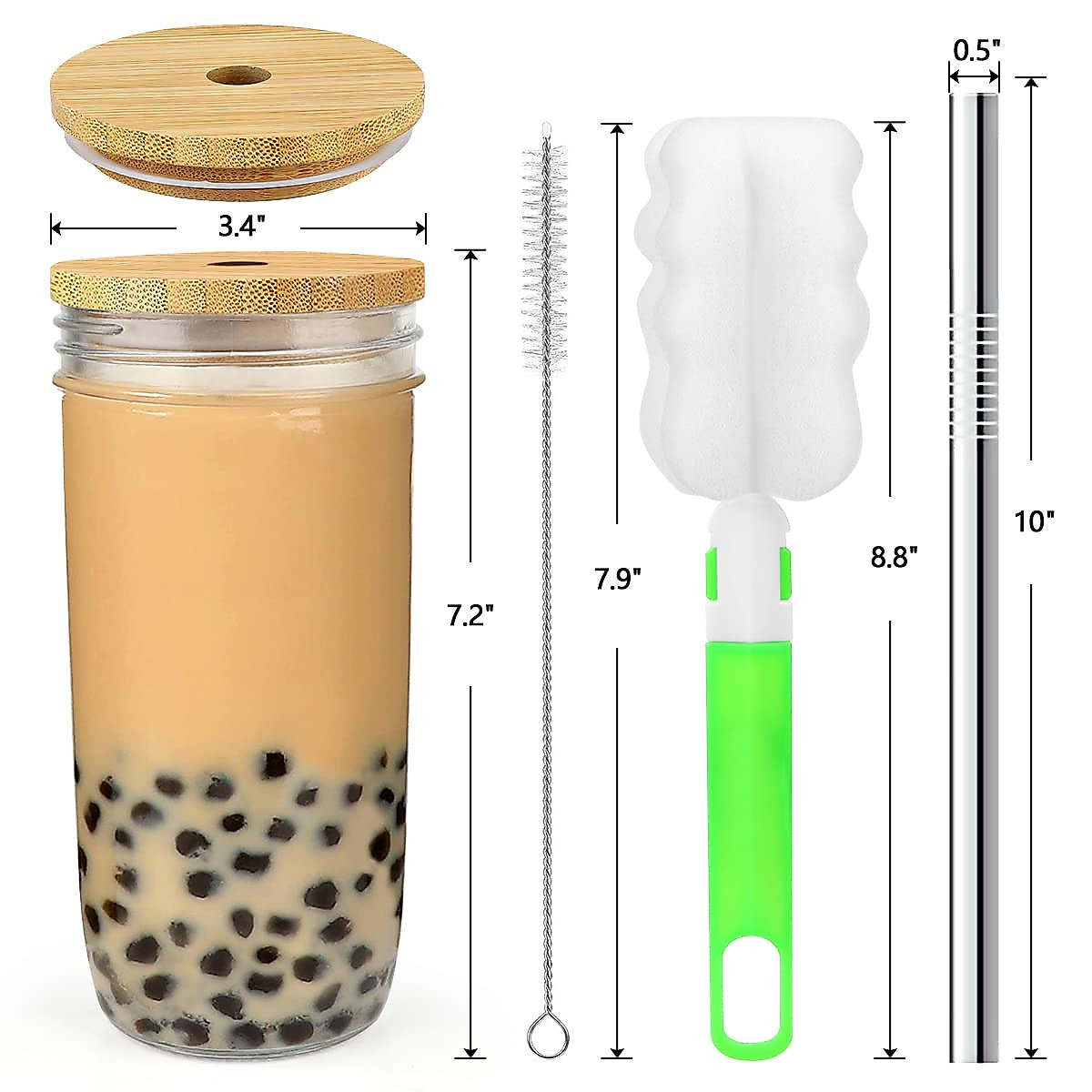 [ 4 Pack ] Glass Cups Set - 24oz Mason Jar with Straw Reusable Wide Mouth Bubble Smoothie Bobo Iced Coffee Cup w 12 Airtight Lids Brush,Tumbler Drinking Bottle for Pearl Tea, Juice