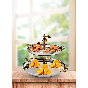 Serene Spaces Living Orchid Stem Two Tiered Serving Stand, Stainless Steel Display Tray for Fruits, Cookies, Macarons, Cakes, Pastry, Appetizer, 12" Tall, Tiers- 10" & 12.5" Diameter