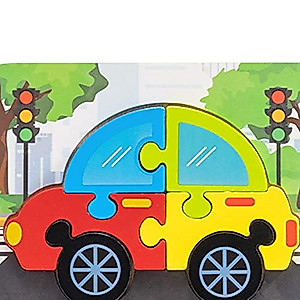 Almencla Children 3D Shapes Letter Wood Jigsaw Puzzle Montessori Toy Birthday Gift Vibrant Colors Early Learning Tool Accessories Rounded Edges, Automobile