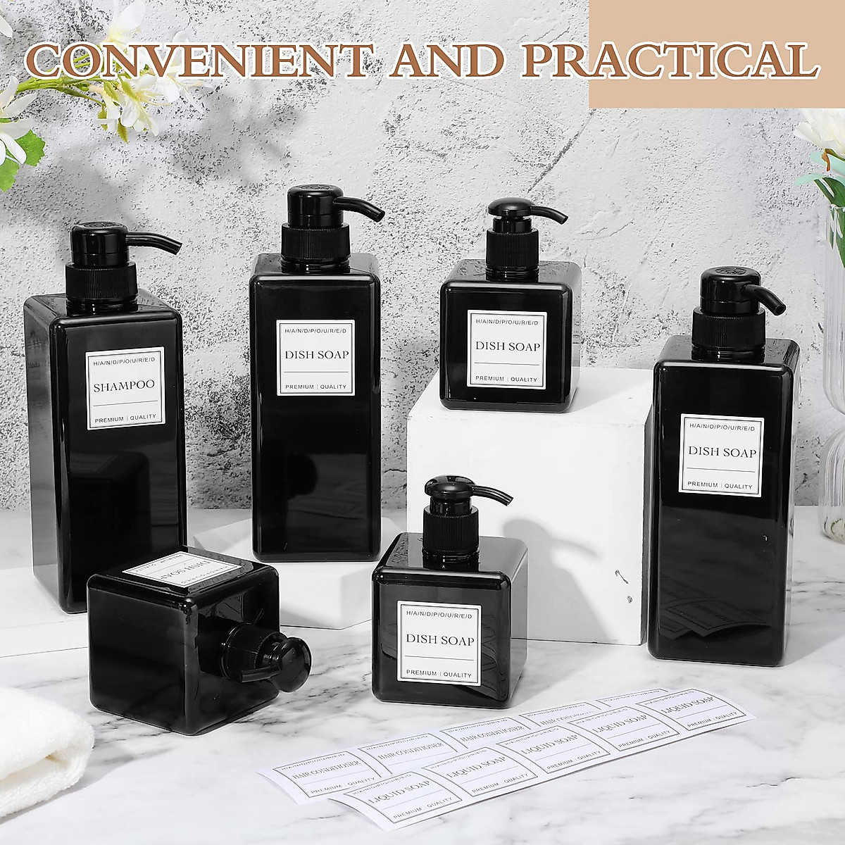 20 Pack 22oz 8oz Shower Refillable Dispenser with 20 Waterproof Labels for Bottles Shampoo and Conditioner Dispenser Square Pump Bottle Refillable Shampoo Bottles for Body Wash (Black)