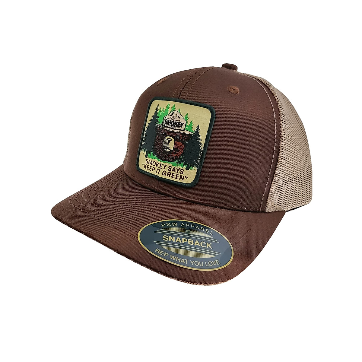 PNW Apparel Smokey The Bear Keep it Green Snapback Trucker Hat with Smokey The Bear Woven Patch (Brown/Tan)