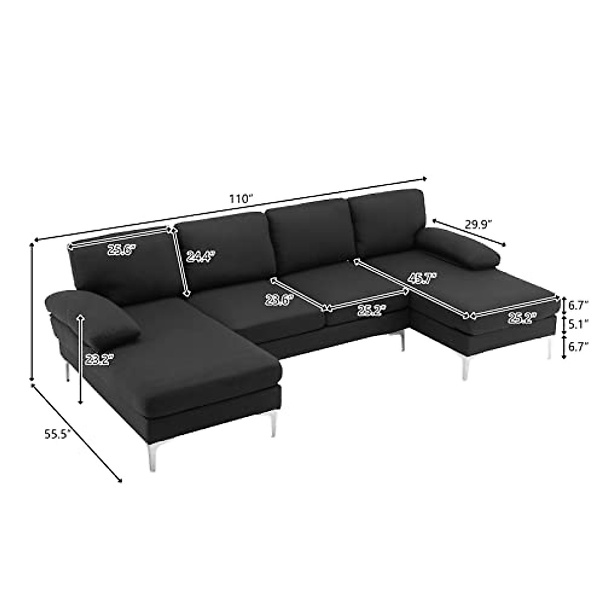 Sofa Bed Combo U Shaped Sofa Wide Recliner, Silver Plated Feet, Black