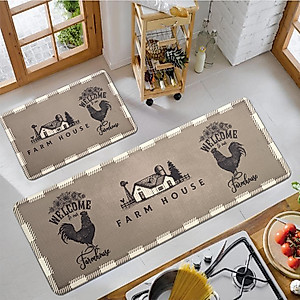 AQQA Kitchen Mat, Anti Fatigue Rooster Buffalo Plaid Sunflower Farmhouse Rugs, Waterproof & Non-Slip PVC Leather Floor Mat for Kitchen, Sink, Office, Laundry, Set of 2 (Brown, 17"x27"+17"x47")