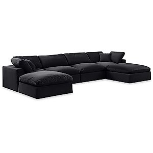 Meridian Furniture 189Black-Sec6B Comfy Collection Modern | Contemporary Upholstered Modular Sectional, Soft Black Velvet, Down Feather Cushions, 158" W x 79" D x 34.5" H, Black