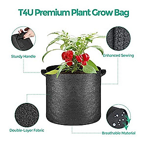 T4U Fabric Plant Grow Bags with Handle 10 Gallon Pack of 5, Heavy Duty Nonwoven Smart Garden Pot Thickened Aeration Nursery Container Black for Outdoor Flower and Vegetables