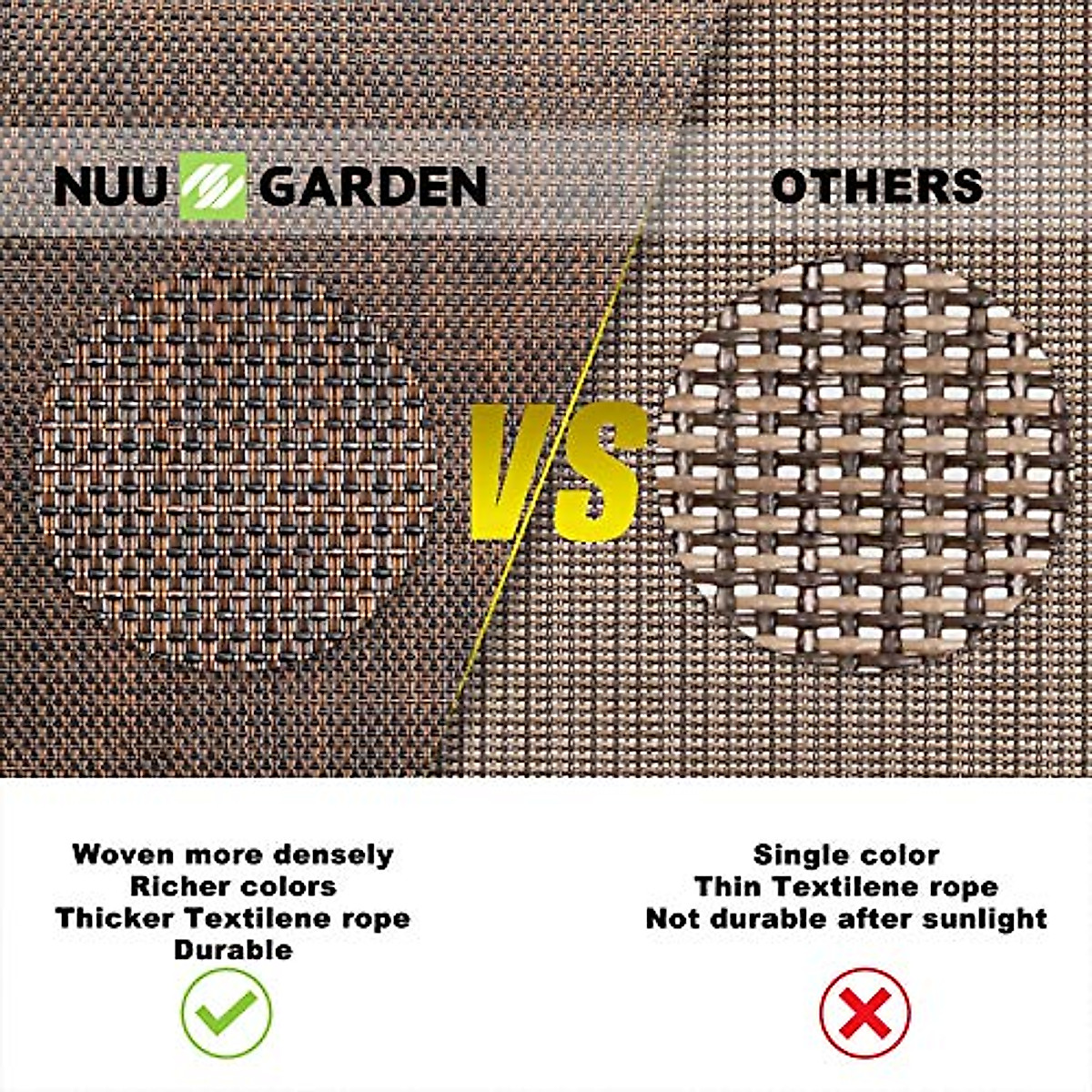 Nuu Garden 3 Piece Swivel Outdoor Bar Set, Bar Height Iron Outdoor Furniture Set with Silk Screen Glass Table, All-Weather Textilene Patio Chairs for Lawn, Backyard, Balcony, Black and Brown