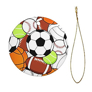 Sports Ball Print Christmas Tree Ceramic Hanging Round Shaped Xmas Tree Pendants Gatherings Party Deco