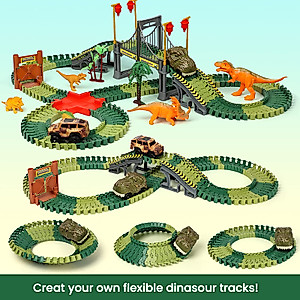 Dinosaur Track Toys with 227PCS Flexible Track, 1 Dinosaur Car, 1 Race Car, 8 Dinosaurs for 3 4 5 6+ Year Old Boys Girls Best Gift, Create A Unique Dinosaur World Road Race