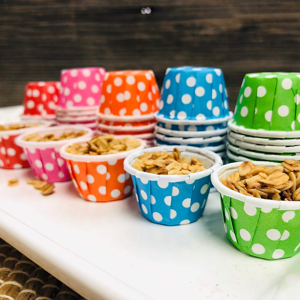 Outside the Box Papers Mini Paper Taster Cups - Sample .5 Ounce Souffle Cups - Red Orange Yellow Green Polka Dot - 250 Pack