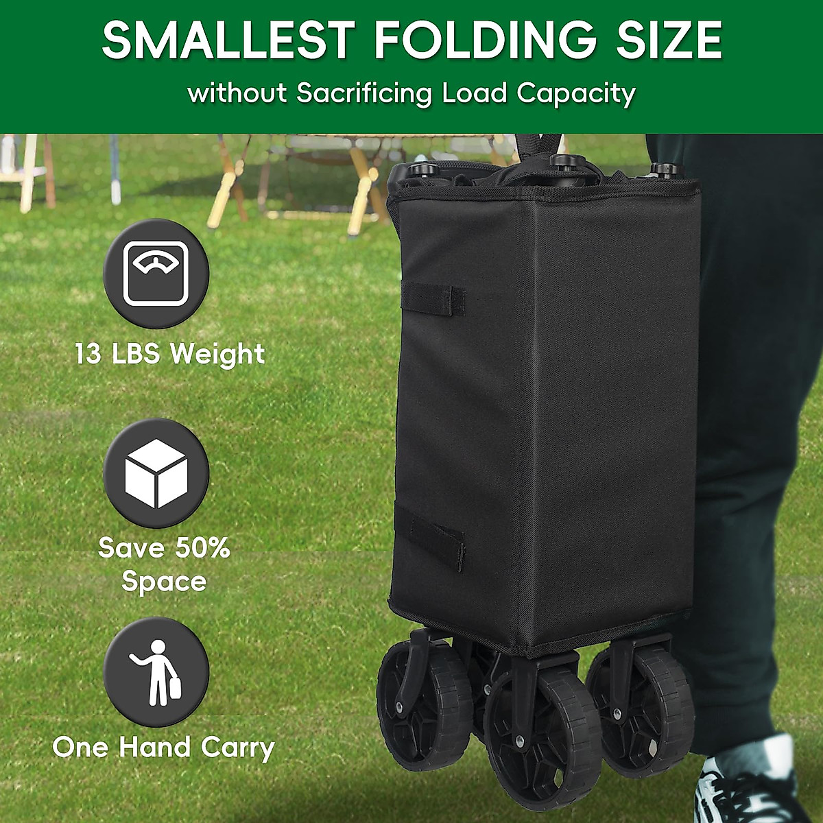 JIGOBING Collapsible Wagon, Portable Folding Wagon Cart with Wheels Foldable, 330lbs Heavy Duty Beach Wagon Outdoor Utility Cart with Dual Side Zipper, Cup Holders for Grocery Camping Garden Sports