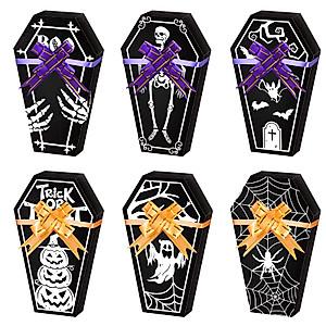 PerKoop 24 Pieces Halloween Coffin Treat Boxes with 30 Pull Bows Paper Coffin Goodies Candy Boxes Bulk Coffin Shape Gifts Box for Halloween Trick or Treat Party Favors Packing Supplies, 6 Styles