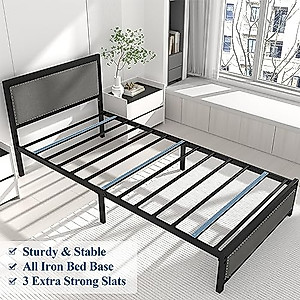 VECELO Twin Size Bed Frame with Linen Fabric Headboard and Footboard, Heavy-Duty Platform with Strong Steel Slats, No Box Spring Needed, Easy Assembly, Grey