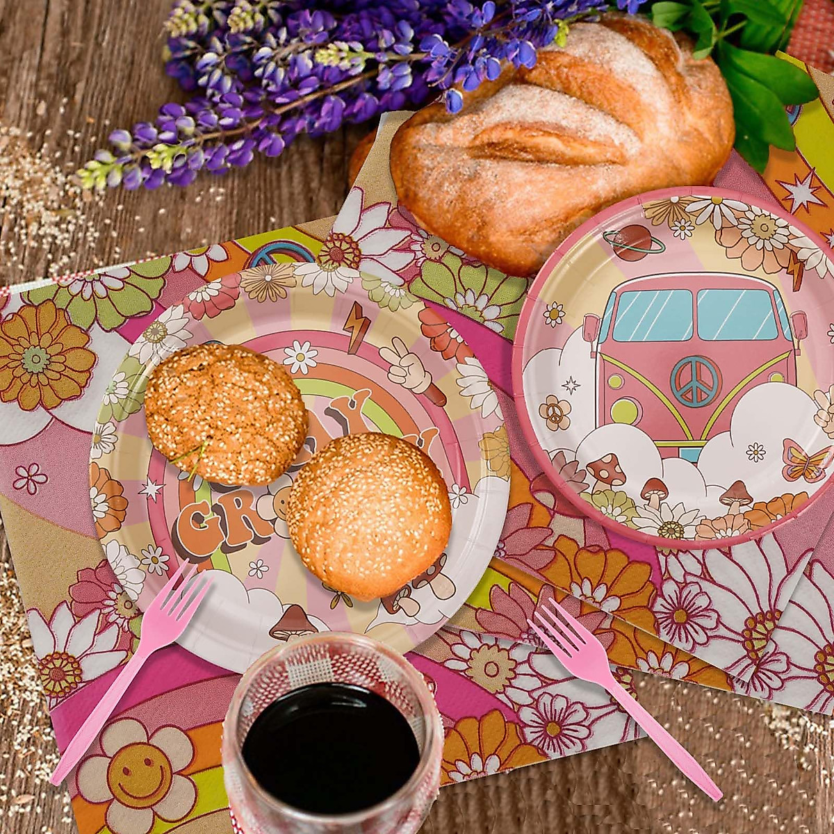 Grencian 96Pcs Groovy Birthday Party Decorations Hippie Tableware Set Daisy Hippie Paper Plates and Napkins for Girls Boys One Two Groovy Birthday Party Supplies Retro Boho Bachelorette Baby Shower