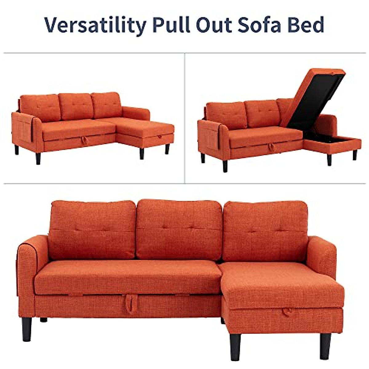 Hdxdkog L-Shaped Sectional Sofa with Pull-Out Bed 72" Sectional Sleeper Sofa Bed with Storage Chaise Lounge and Pocket, Upholstered Corner Couch for Living Room Home Office (Orange)