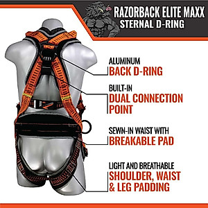 Malta Dynamics Razorback Elite MAXX Sternal D-Ring Safety Harness Fall Protection, Aluminum Quick Connect Buckles, Sewn-In Safety Belt, Small-Medium Option